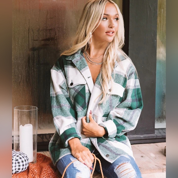 Tops | New Cozy Rustic Flannel Plaid Shacket Top Jacket Black Green ...